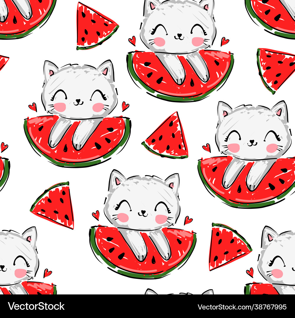 Hand drawn cute cat and watermelon seamless Vector Image