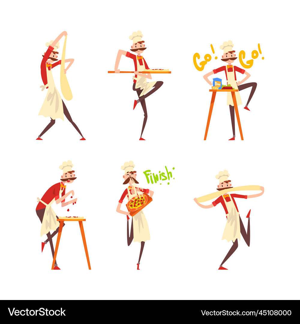 Moustached male pizza maker in apron preparing Vector Image