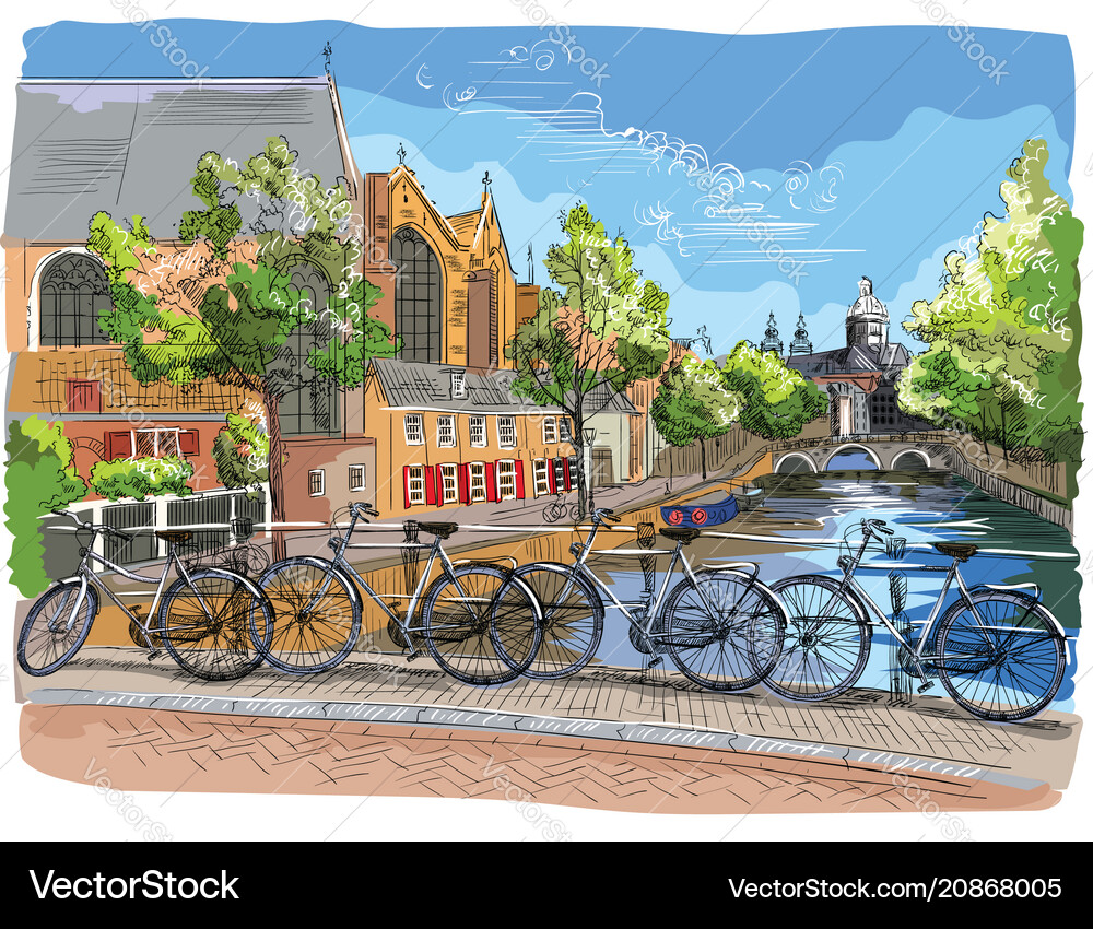 Colorful bicycles on bridge over the canals Vector Image