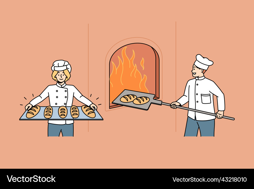 Happy bakers cook fresh break in bakery Royalty Free Vector