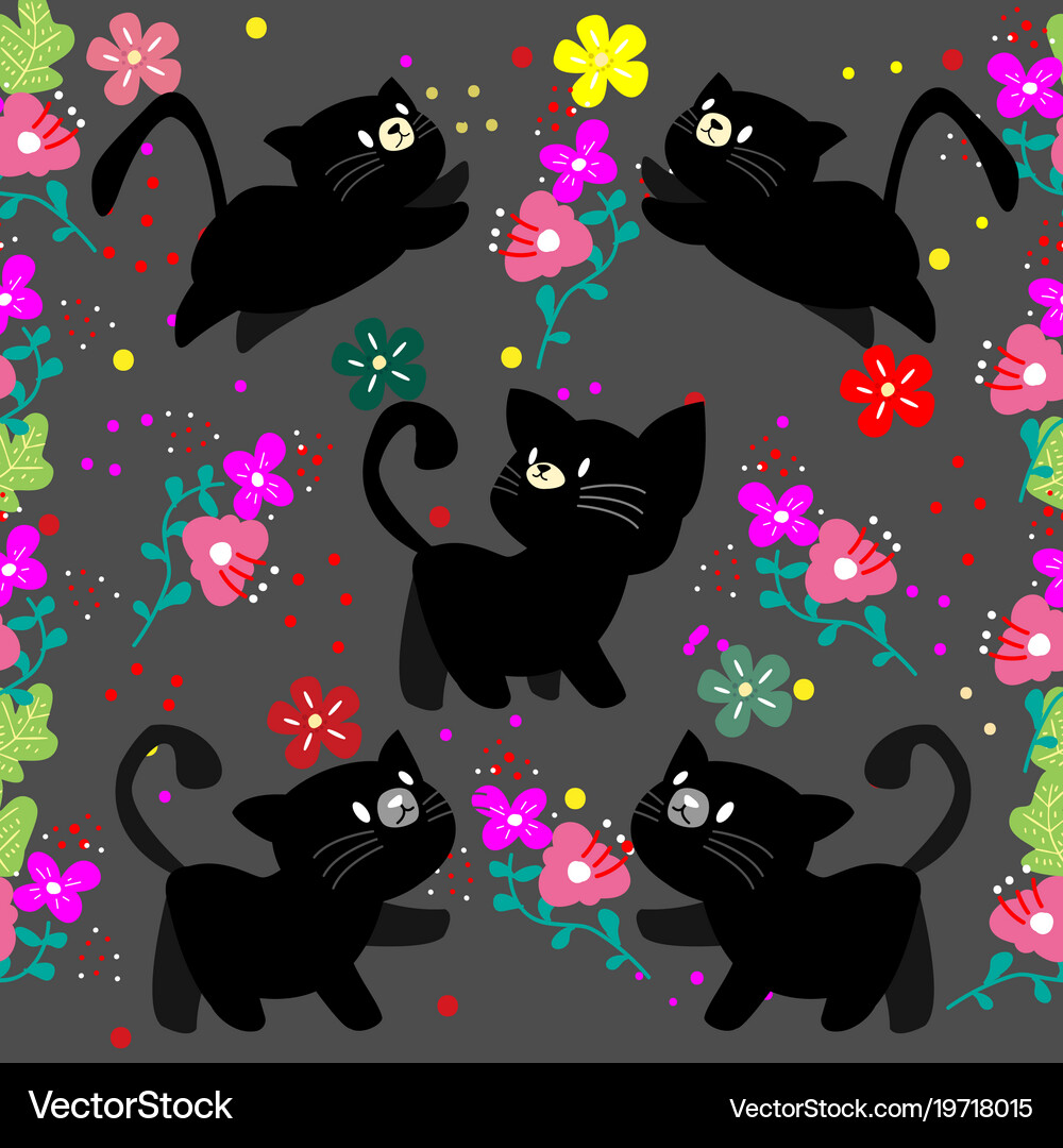 Cute cat seamless pattern with flower on colorful Vector Image
