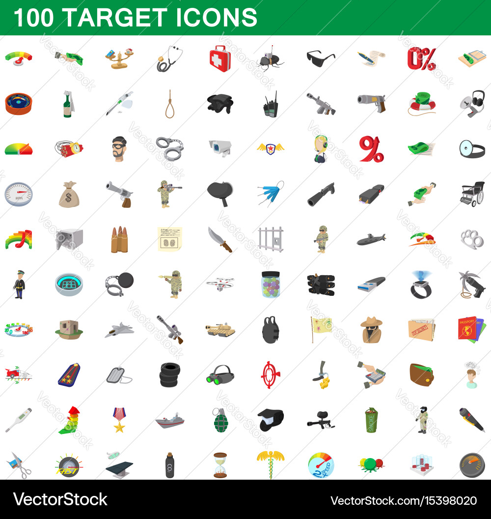 100 target icons set cartoon style Royalty Free Vector Image