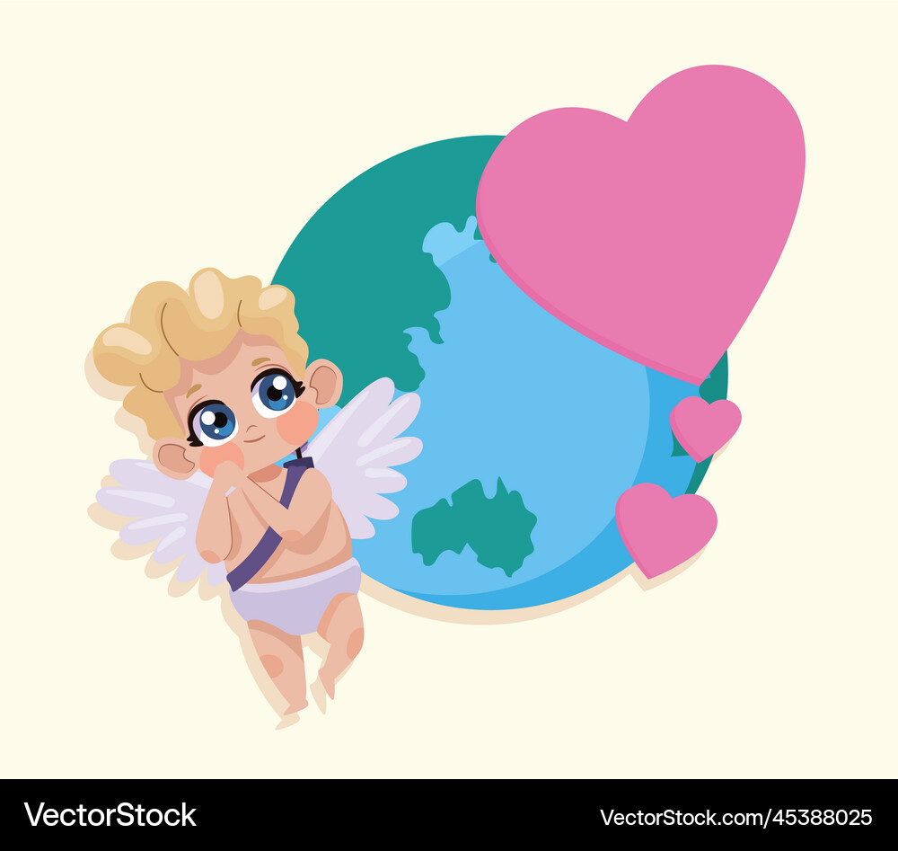 Cupid angel with earth planet Royalty Free Vector Image
