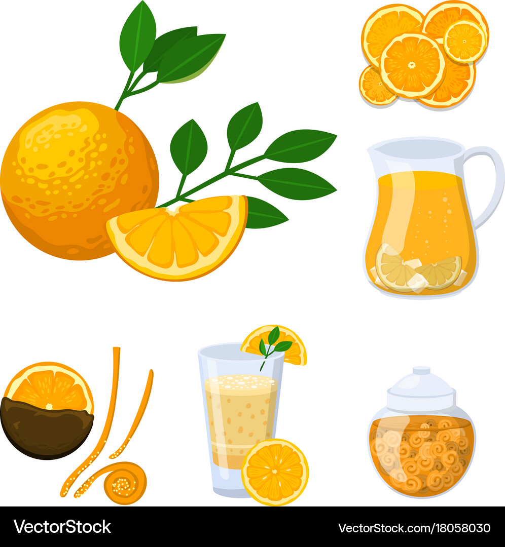 Oranges and orange products natural Royalty Free Vector