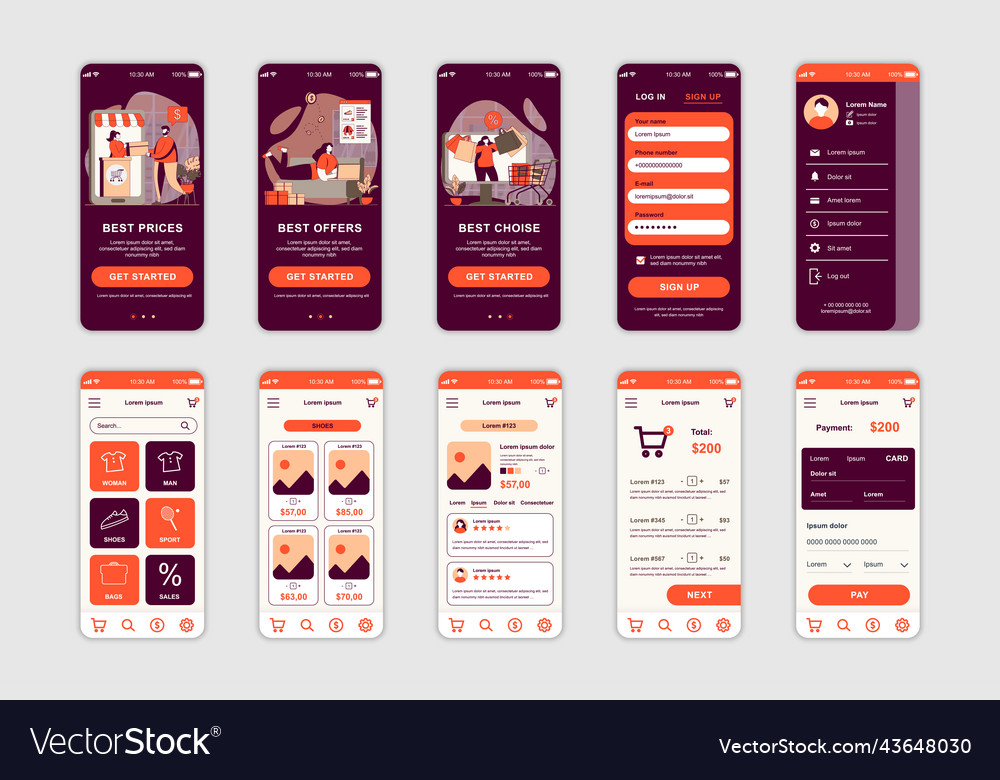 Shopping concept screens set for mobile app Vector Image Shopping concept screens set for mobile app Vector Image