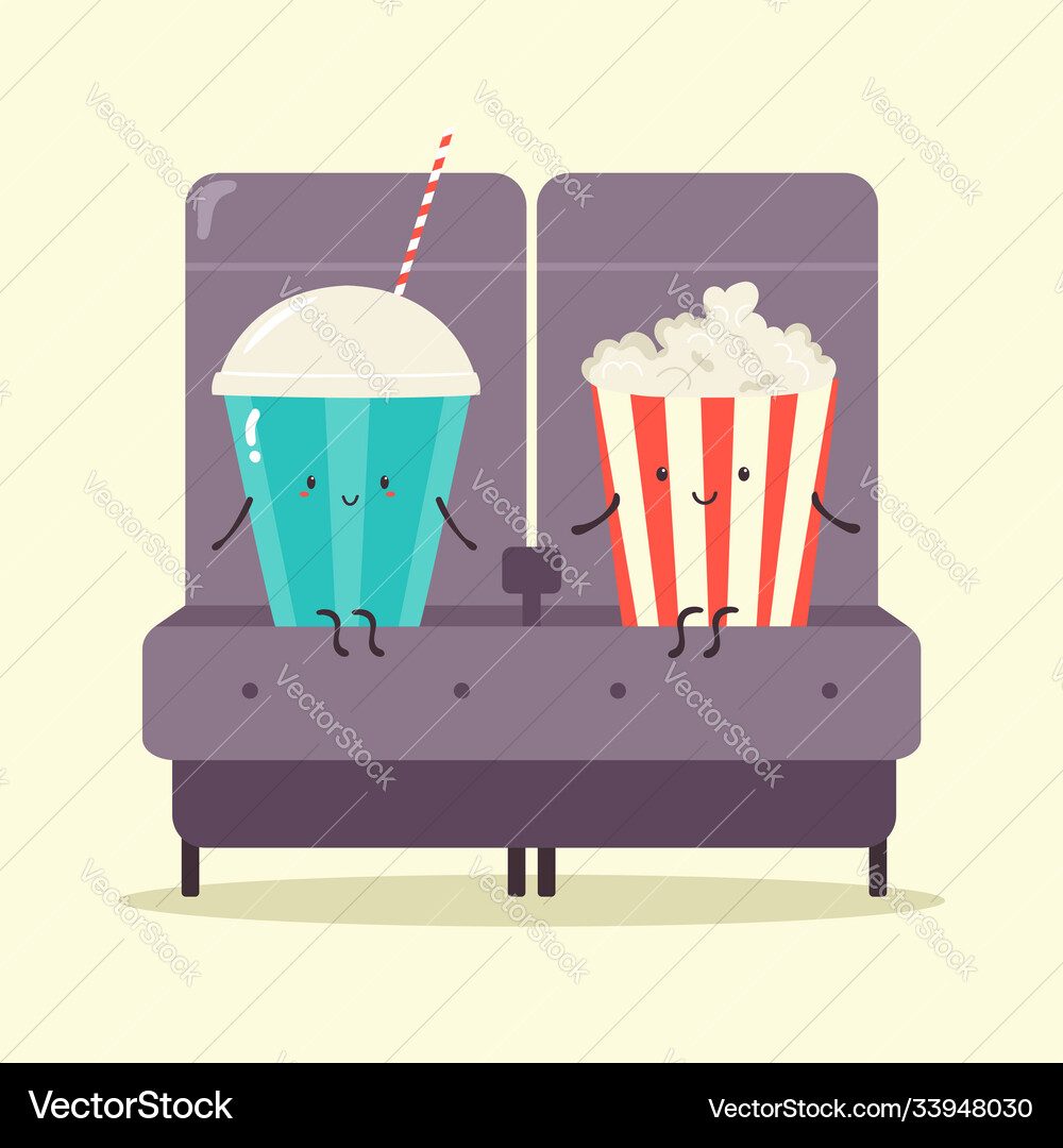 Two friends soda and pop corn in cinema comic Vector Image