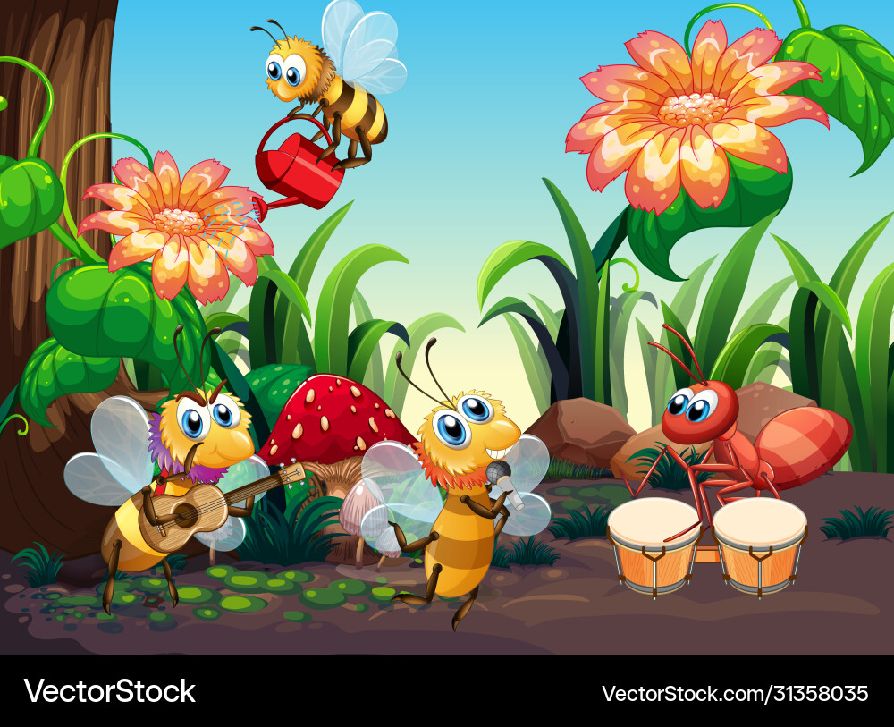 Bee music band playing in nature Royalty Free Vector Image