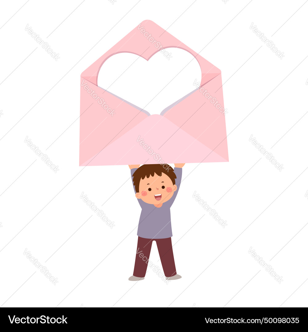 Boy holding open envelope letter with white heart Vector Image