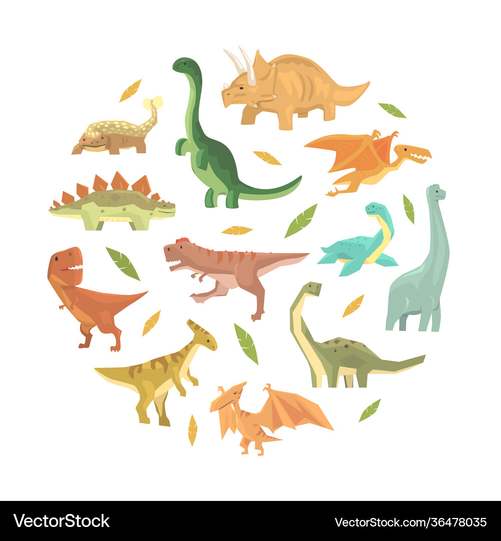 Cute colorful dinosaurs in circular shape Vector Image