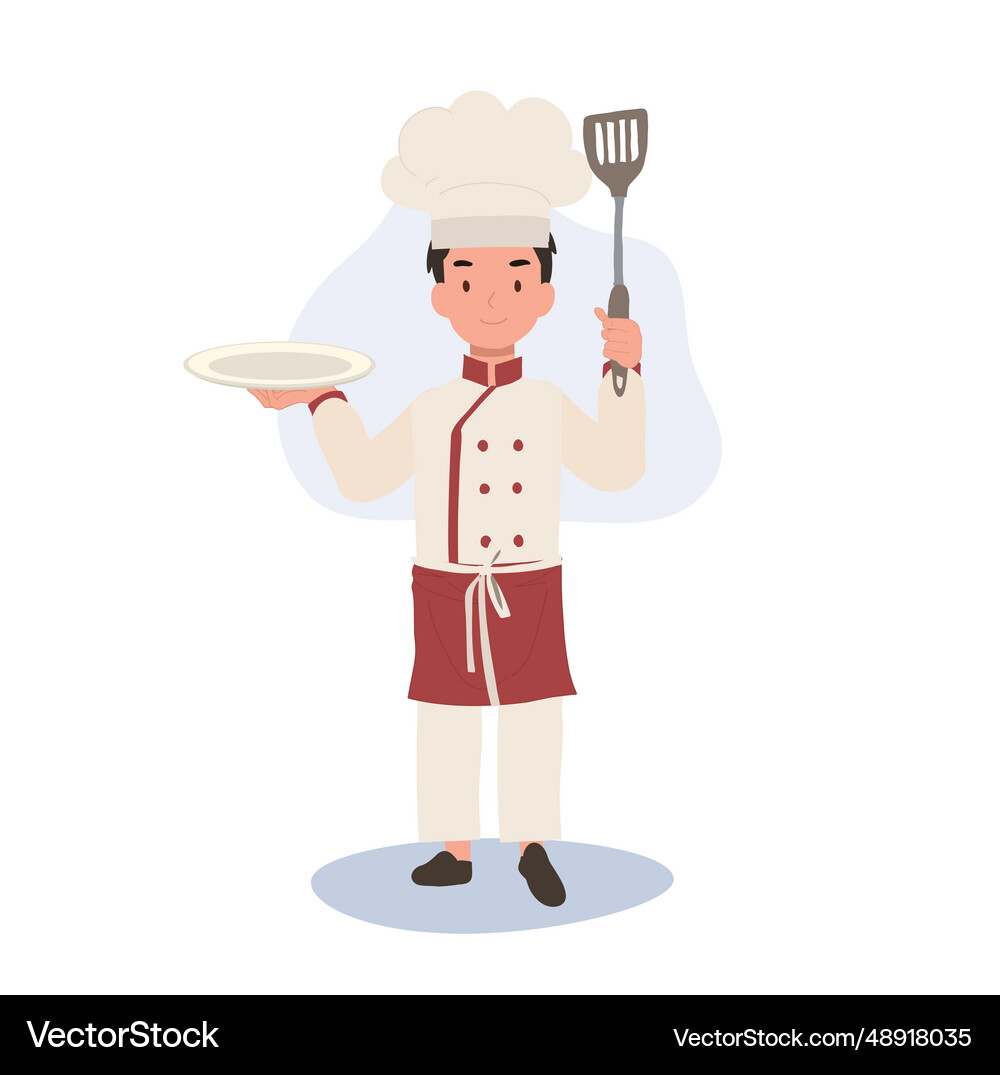 Happy young chef in apron and hat serving dish Vector Image