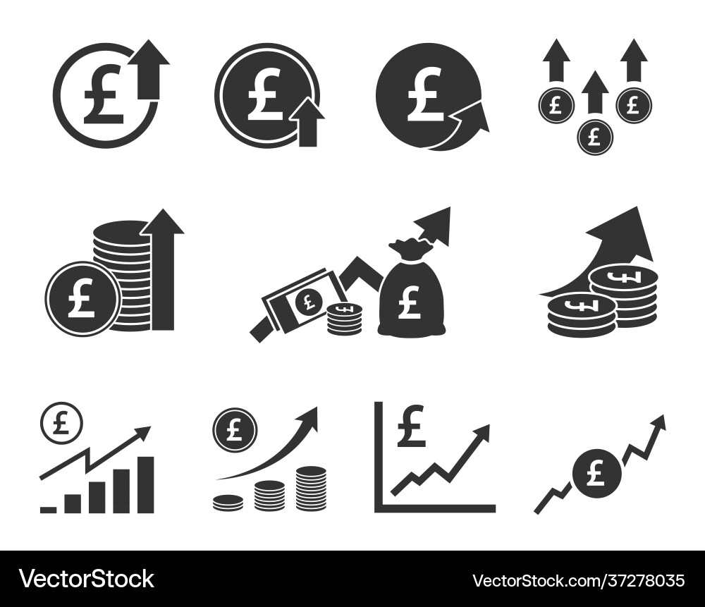 Pound sterling currency increase icon set gbp Vector Image