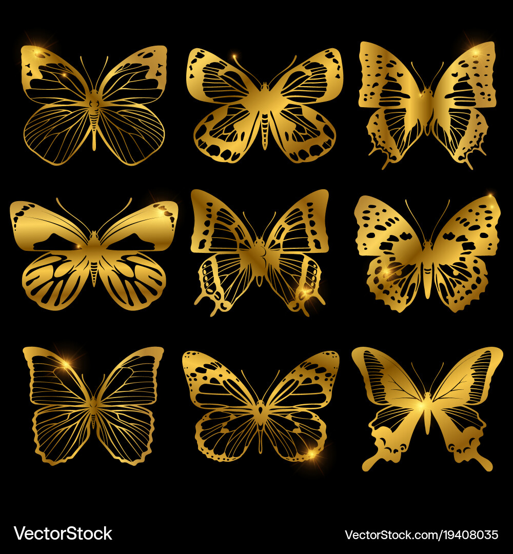Shiny golden butterflies with light effect Vector Image