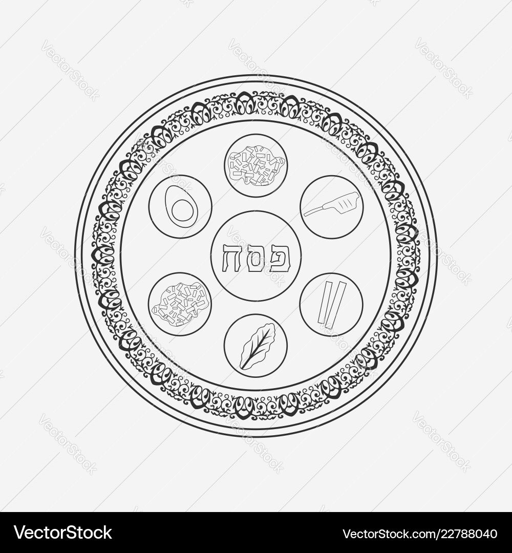 Passover holiday seder plate flat black outline Vector Image