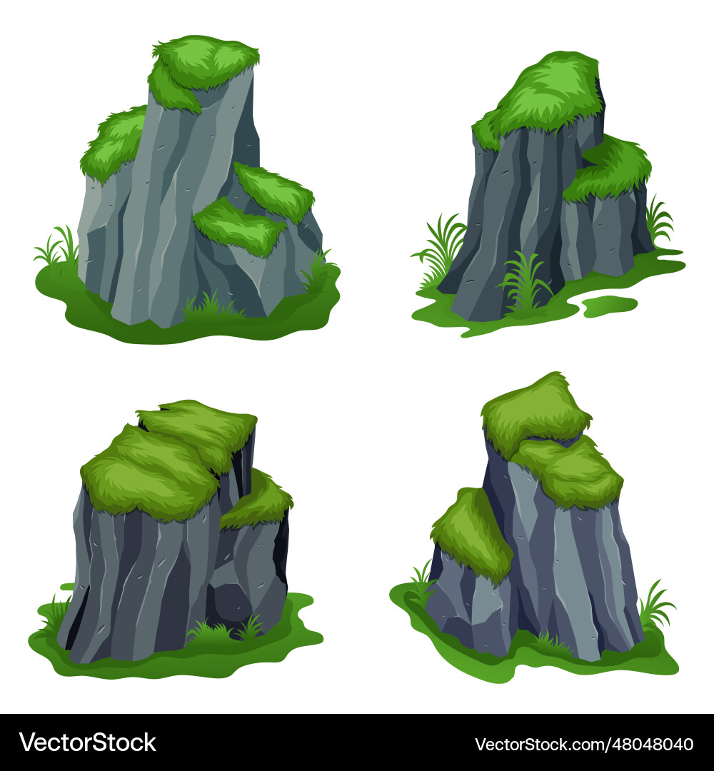 Set of isometric rock with grass in different Vector Image