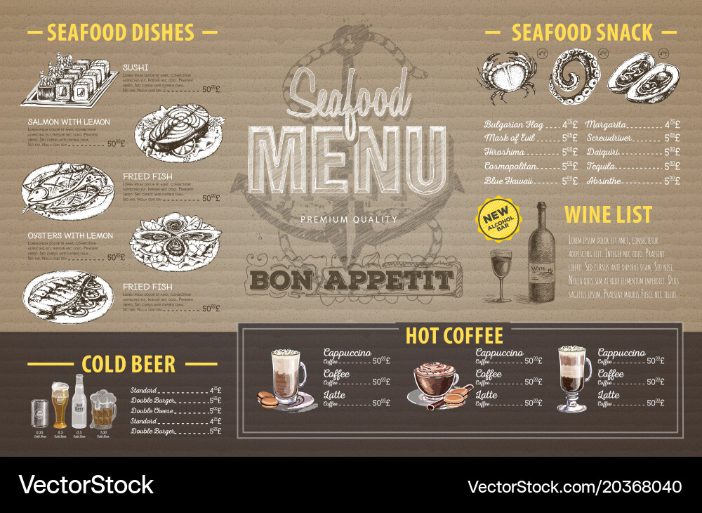 Vintage seafood menu design on cardboard Vector Image