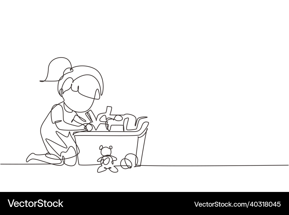 Continuous one line drawing little girl putting Vector Image
