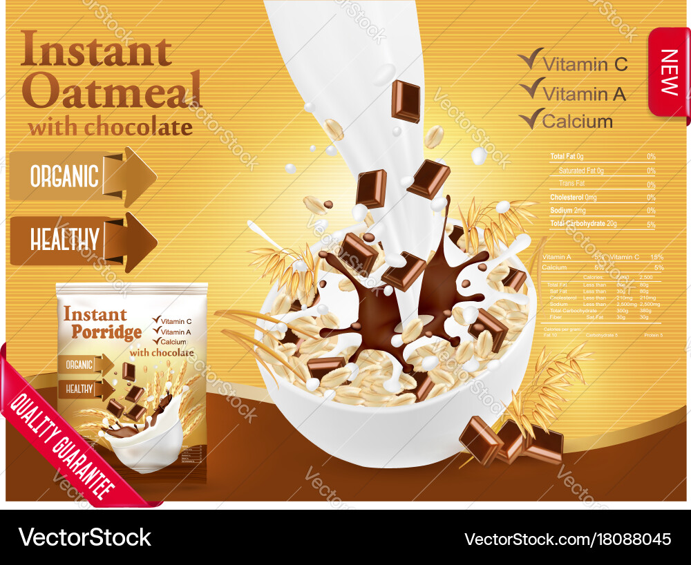 Instant oatmeal with chocolate advert concept Vector Image