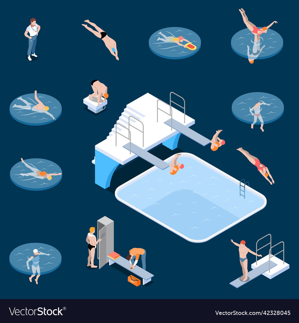 Public swimming pool isometric set Royalty Free Vector Image