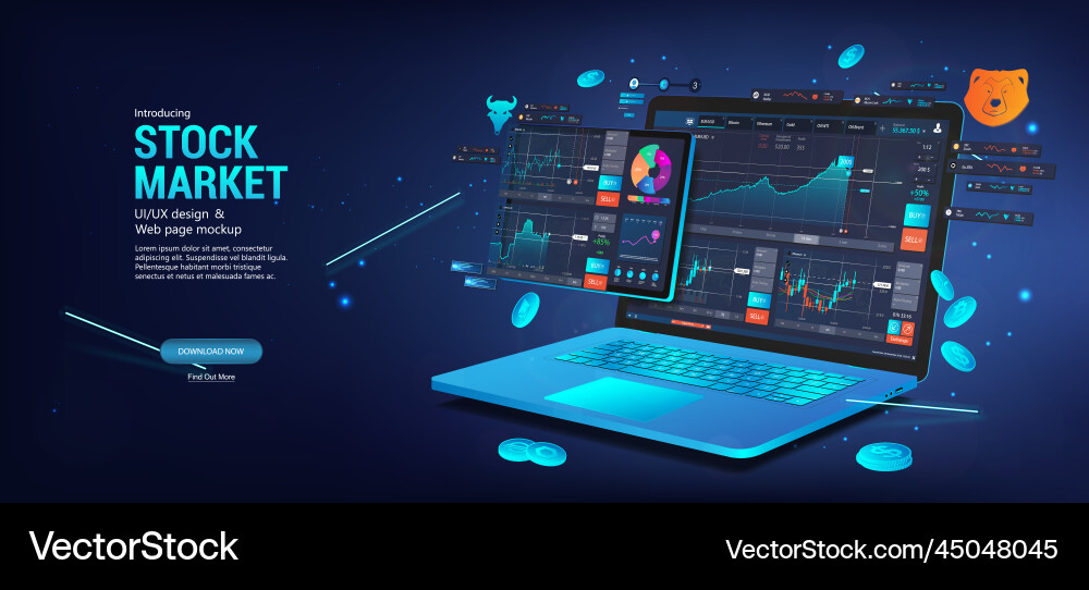 Trade platform online on 3d laptop and tablet Vector Image