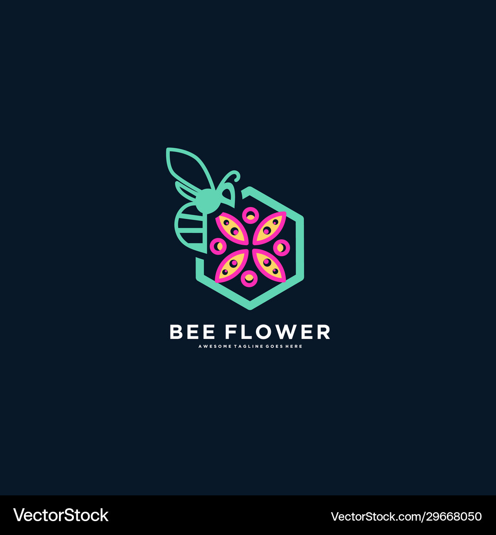 Logo bee with flower line art style Royalty Free Vector