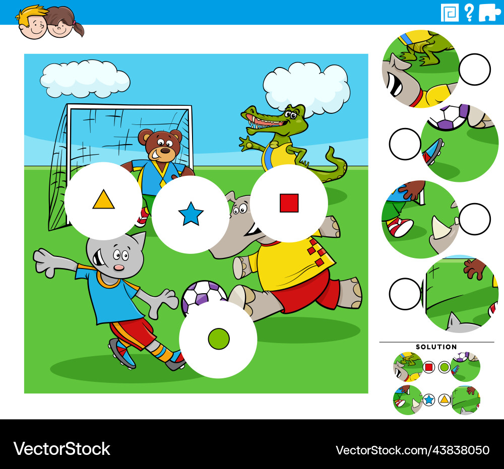 Match pieces task with cartoon animals playing Vector Image