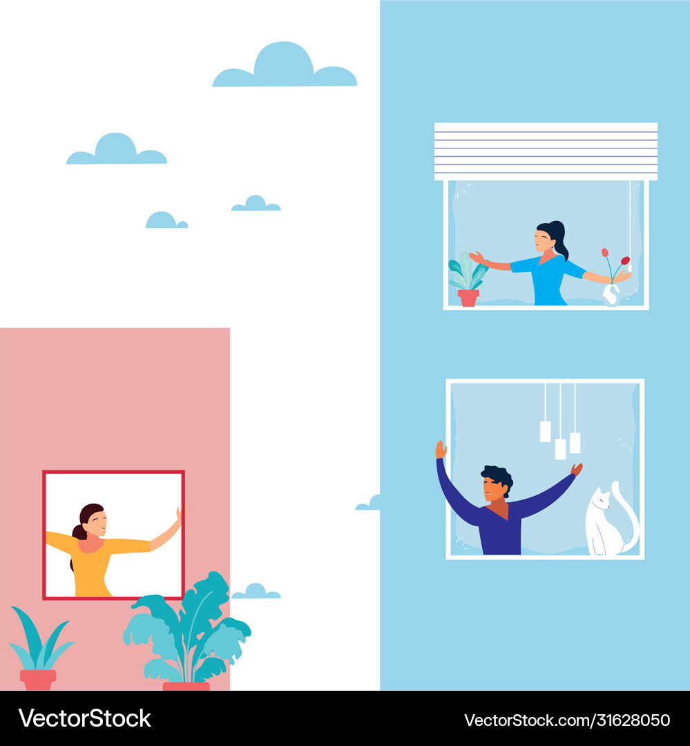 People at window doing dance exercises at home Vector Image