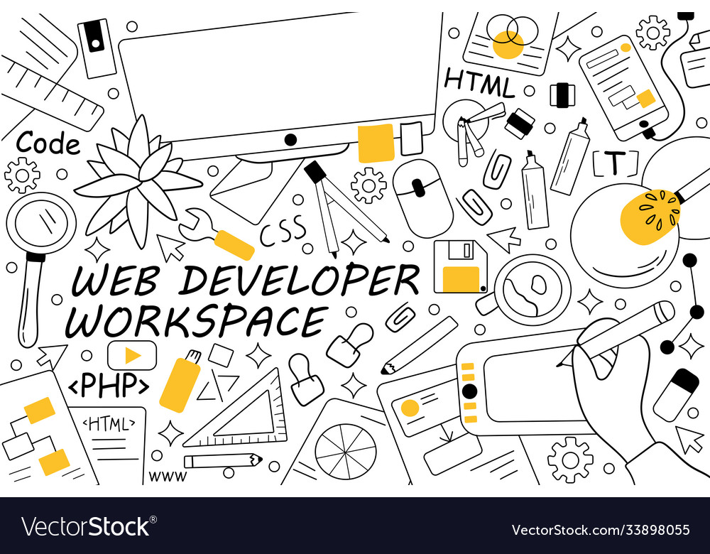 Web developer workspace doodle set Royalty Free Vector Image