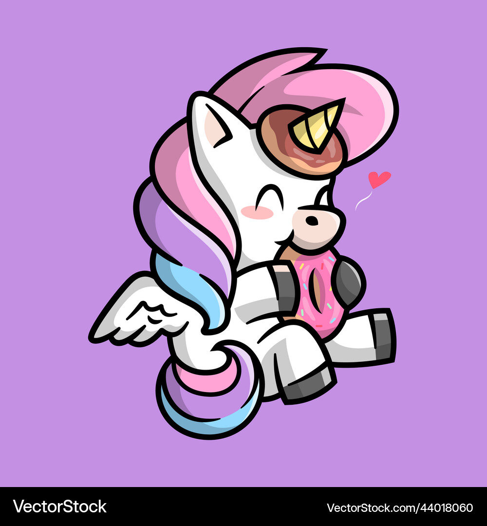 A cute unicorn is eating donut Royalty Free Vector Image