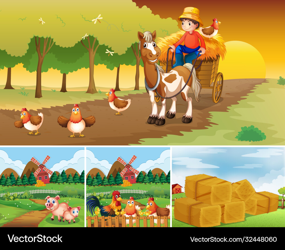Set different farm scenes with animal farm Vector Image