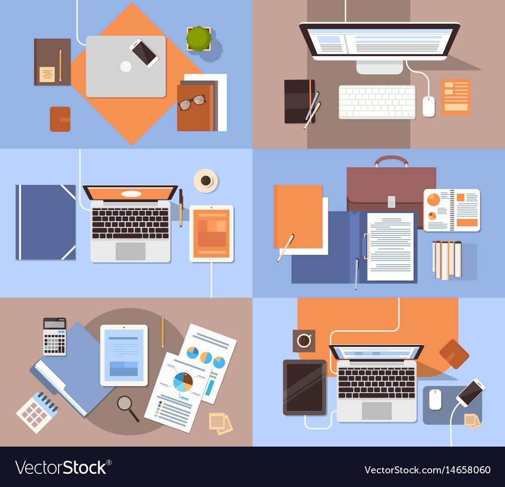 Workplace desk set top angle view tablet laptop Vector Image