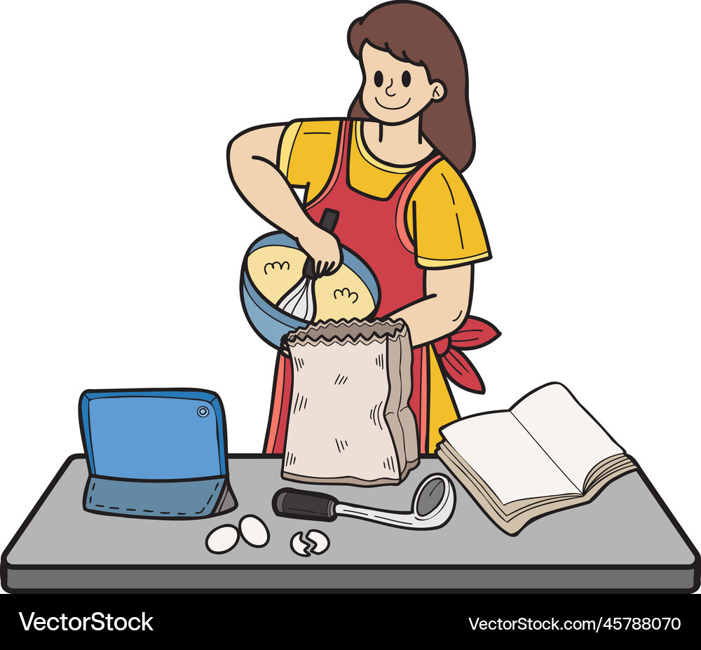 Hand drawn woman learning to cook from Royalty Free Vector