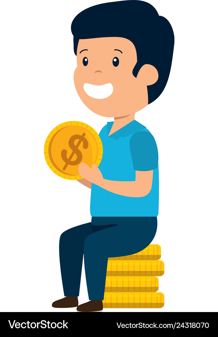 Happy young man with coins Royalty Free Vector Image
