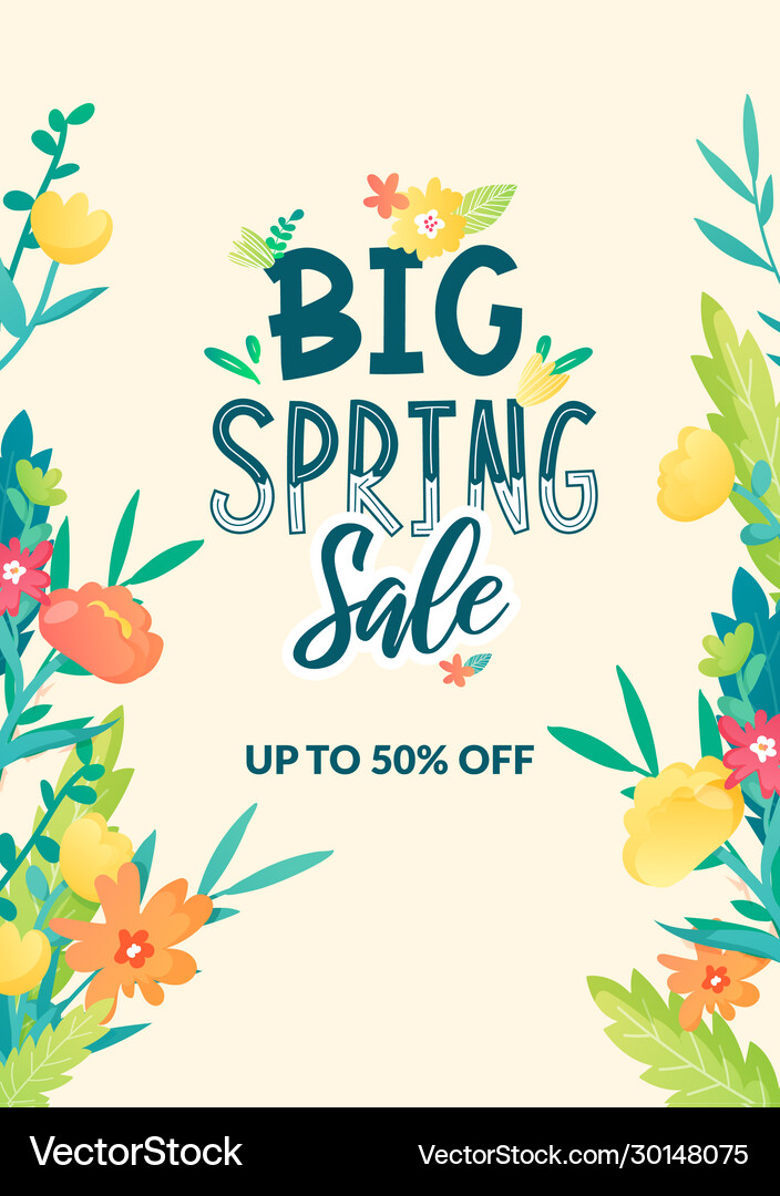 Spring ad sale text and bright flowers Royalty Free Vector