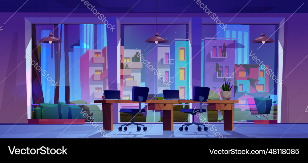 Cartoon company office interior at night Vector Image