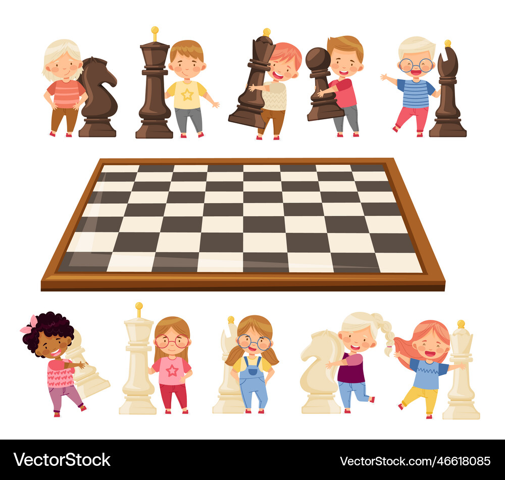 Cute kids playing chess moving piece on chessboard
