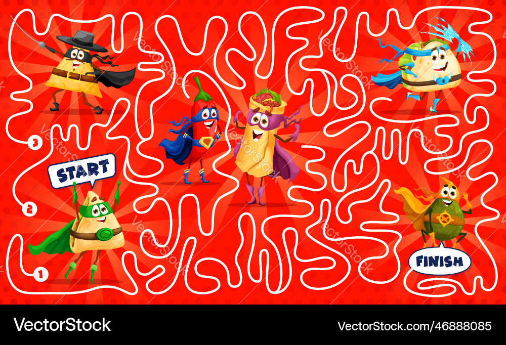 Labyrinth superhero and cartoon tex mex characters