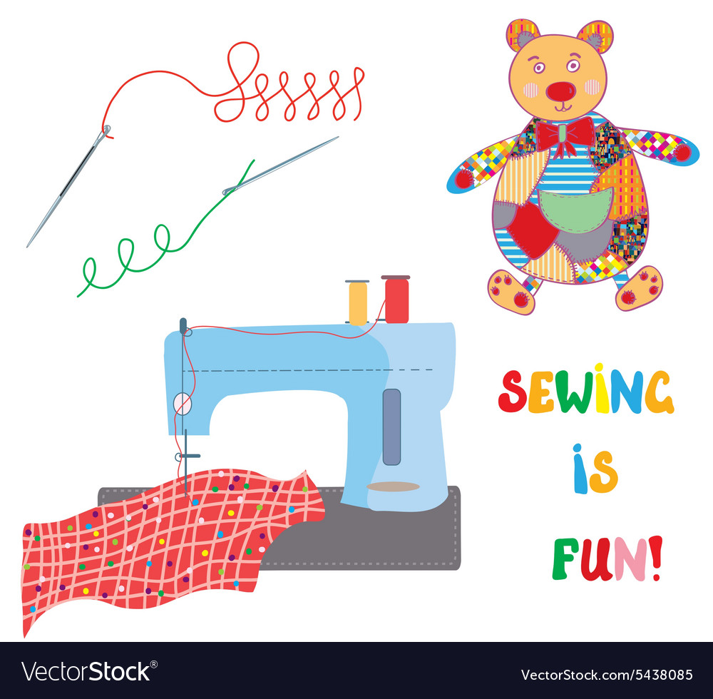 Sewing set with patchwork bear - funny design Vector Image
