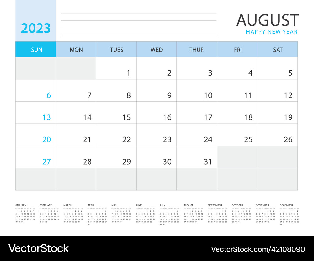 Calendar 2023 year template-august layout design Vector Image