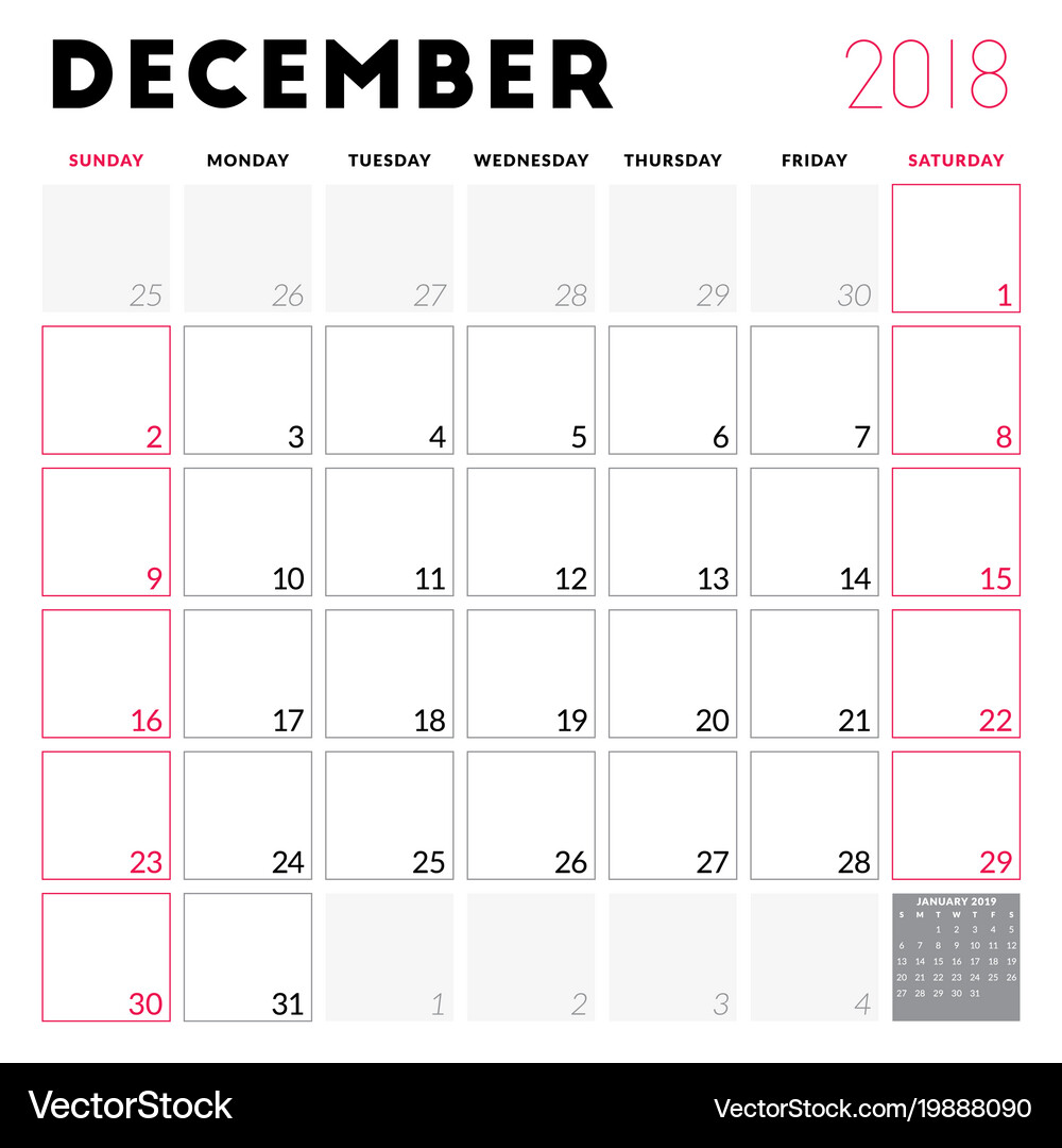 Calendar planner for december 2018 week starts Vector Image