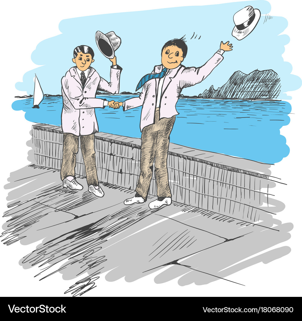 Comic strip two mens met by a sea friendly Vector Image