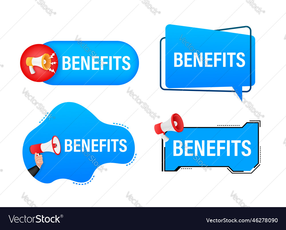 Megaphone label set with text benefits megaphone Vector Image Megaphone label set with text benefits megaphone Vector Image