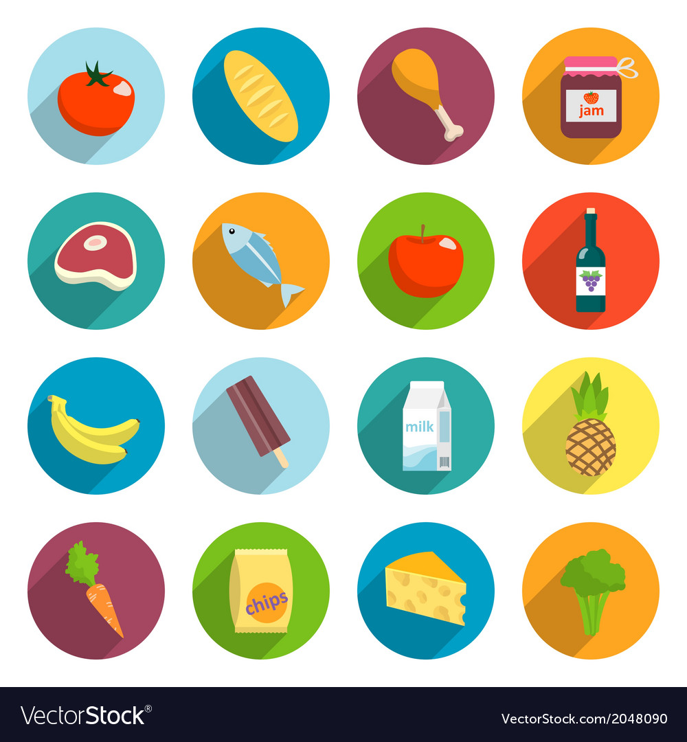 Supermarket foods flat icons set Royalty Free Vector Image