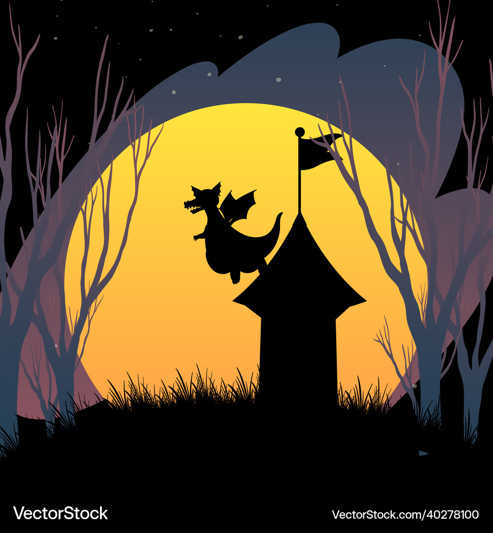 Halloween night background with dragon and tower Vector Image