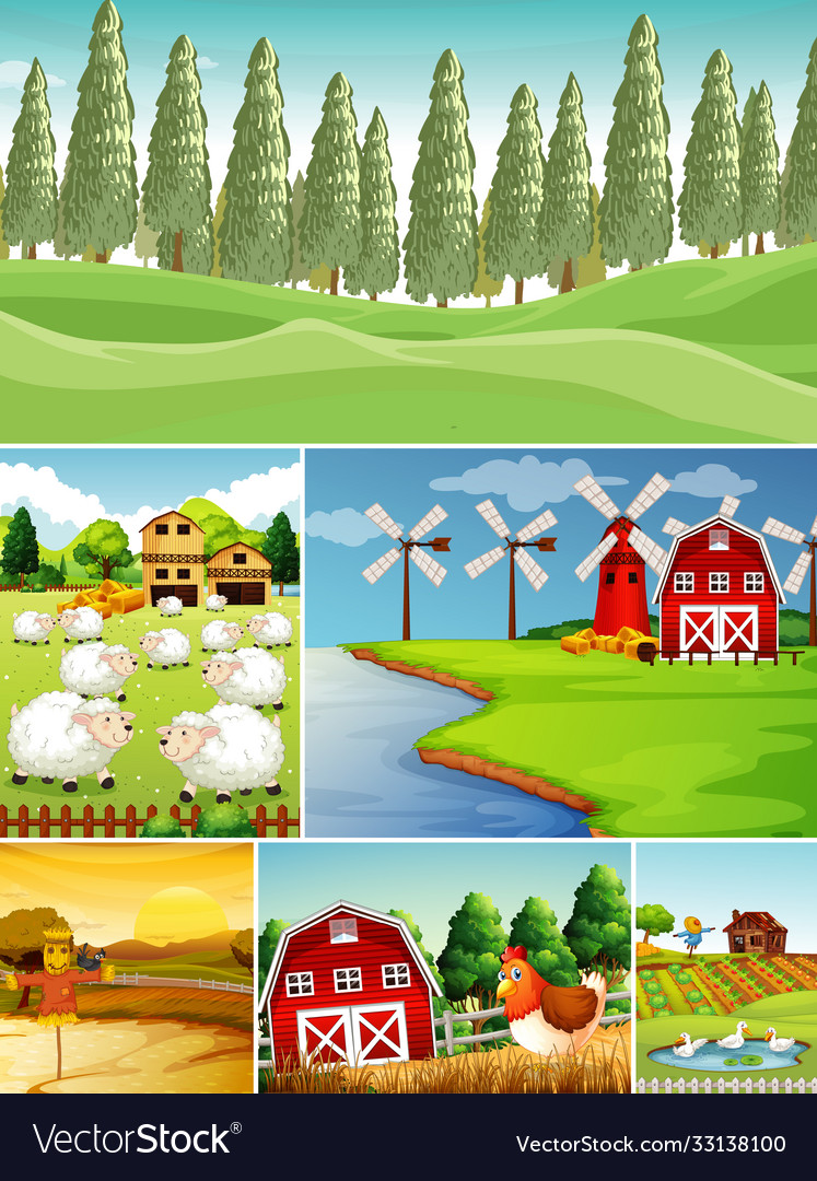 Set different farm scenes with animal farm Vector Image