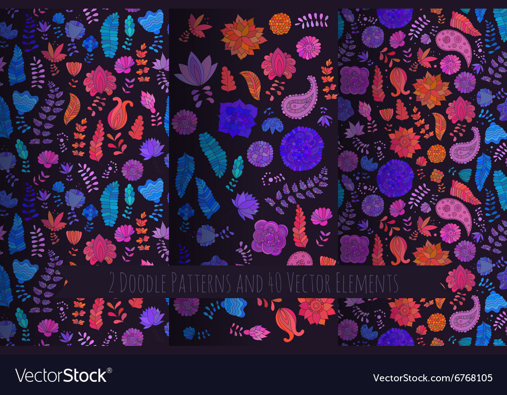 Set of doodle seamless pattern and elements Vector Image