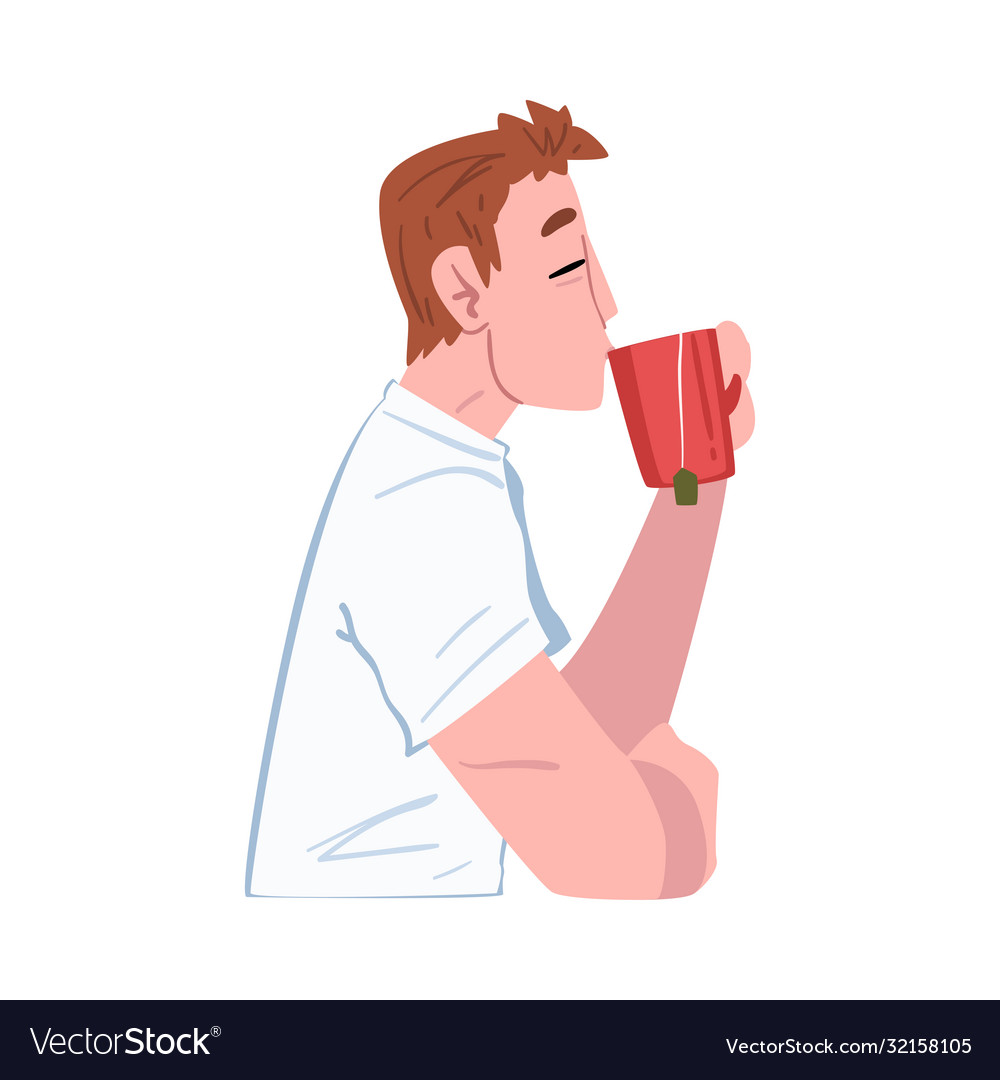 Young man drinking tea or coffee guy enjoying Vector Image Young man drinking tea or coffee guy enjoying Vector Image