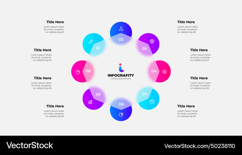 Cycle scheme with eight circles and glassmorphism Vector Image