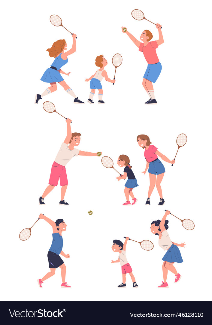 Happy people playing tennis set children training Vector Image