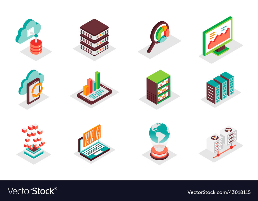 Big data concept 3d isometric icons set pack Vector Image