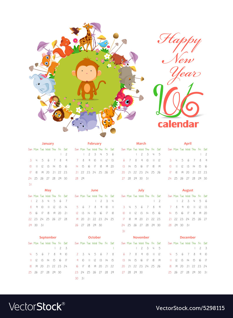 Calendar 2016 with gardens and animals ground Vector Image
